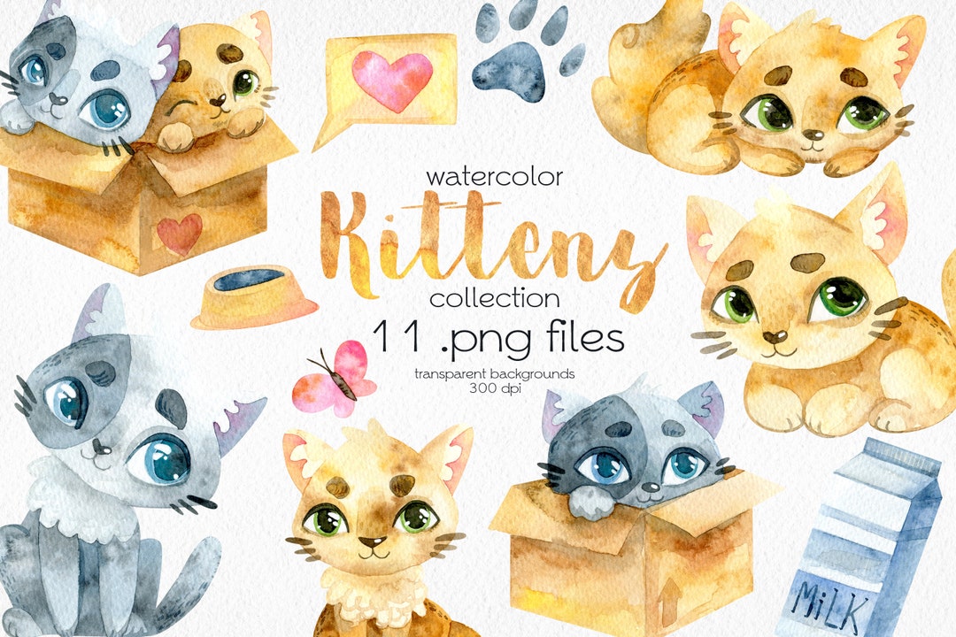 Cute Kittens Clipart / Hand Painted Cats Clipart / Watercolor Animals ...