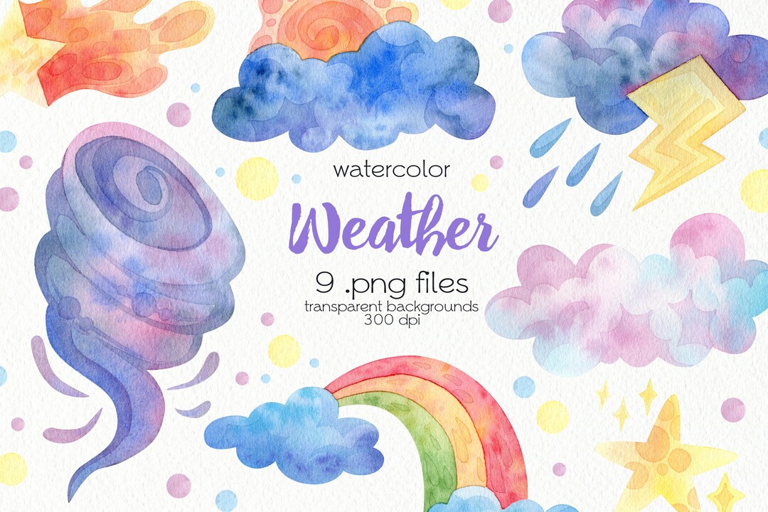 Watercolor Weather Clipart / Synoptic / Clouds, Rainbow, Tornado / PNG ...