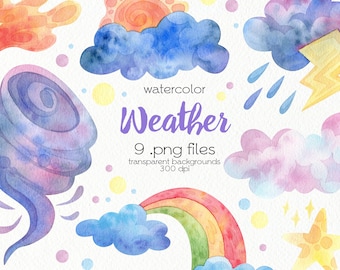 Weather Clipart Watercolor Weather Instant Download Cloud Clipart ...