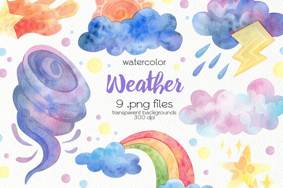 Watercolor Weather Clipart / Synoptic / Clouds Rainbow | Etsy