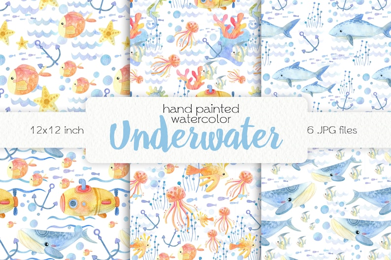 Watercolor Underwater Digital Paper / Sea Creatures Scrapbook Paper ...