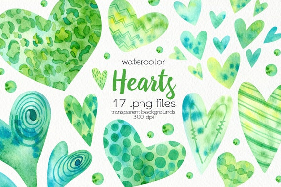 Watercolor Hearts Clipart / Hand Painted Green Hearts / | Etsy