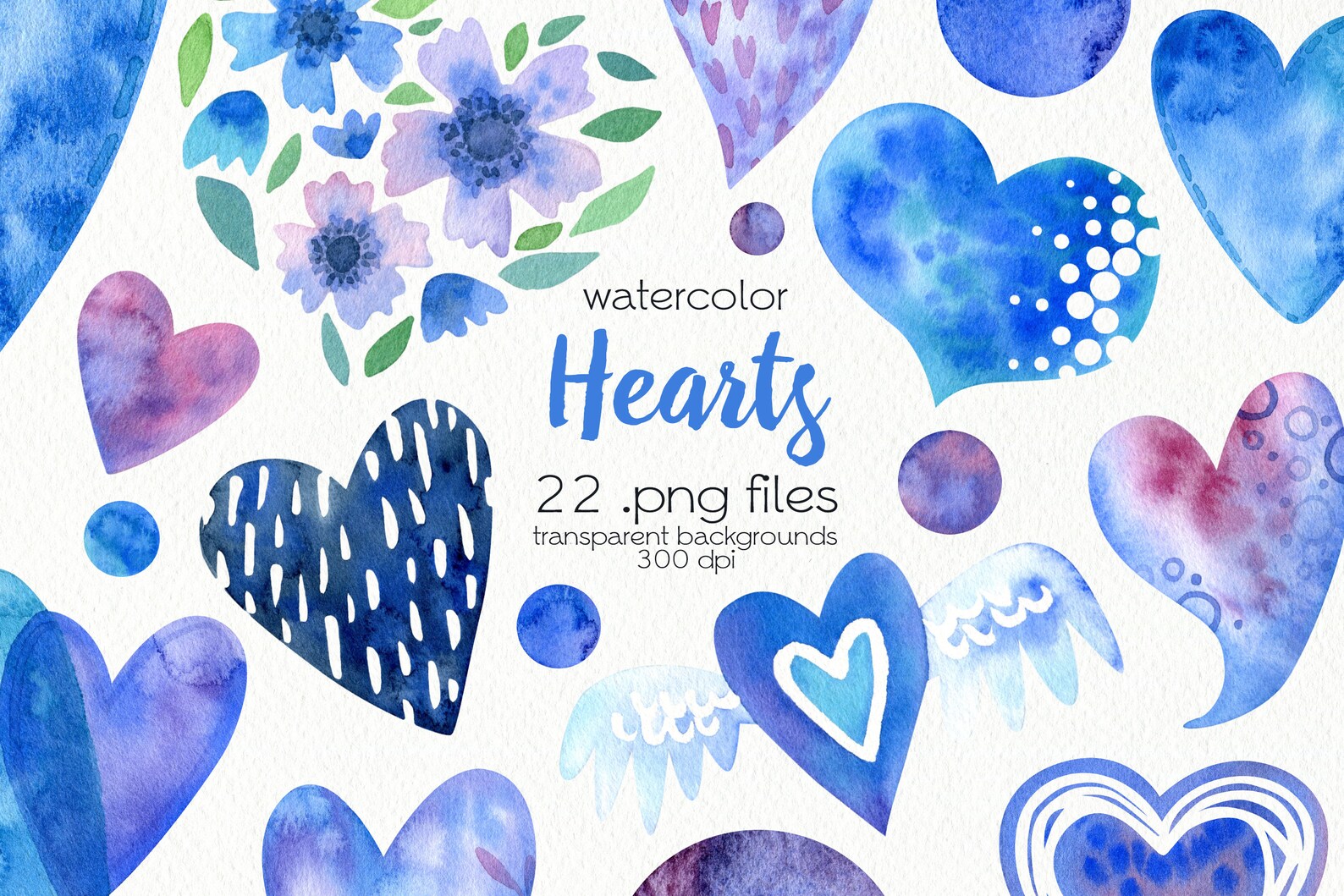 Watercolor Hearts Clipart / Valentines Day / Blue Love / PNG | Etsy
