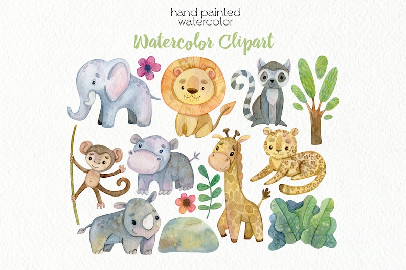 Watercolor Jungle Animals / Tropical Animal Clipart / Cute Zoo | Etsy