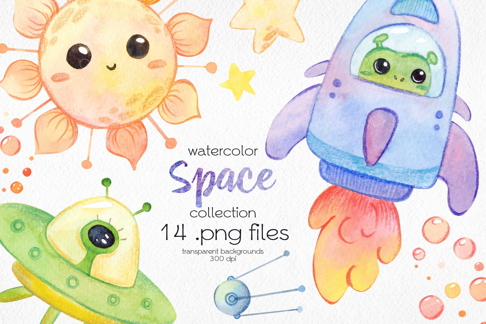 Space Watercolor Clip Art / Planets Stars Sun Aliens | Etsy