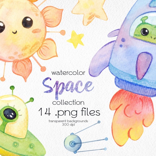 Space Watercolor Clip Art / Planets Stars Sun Aliens | Etsy