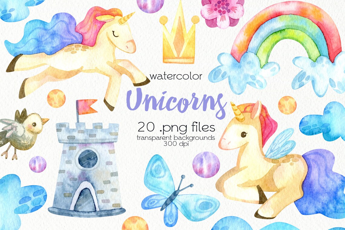 Watercolor Unicorn Clipart / Magical Rainbow / PNG Files / - Etsy