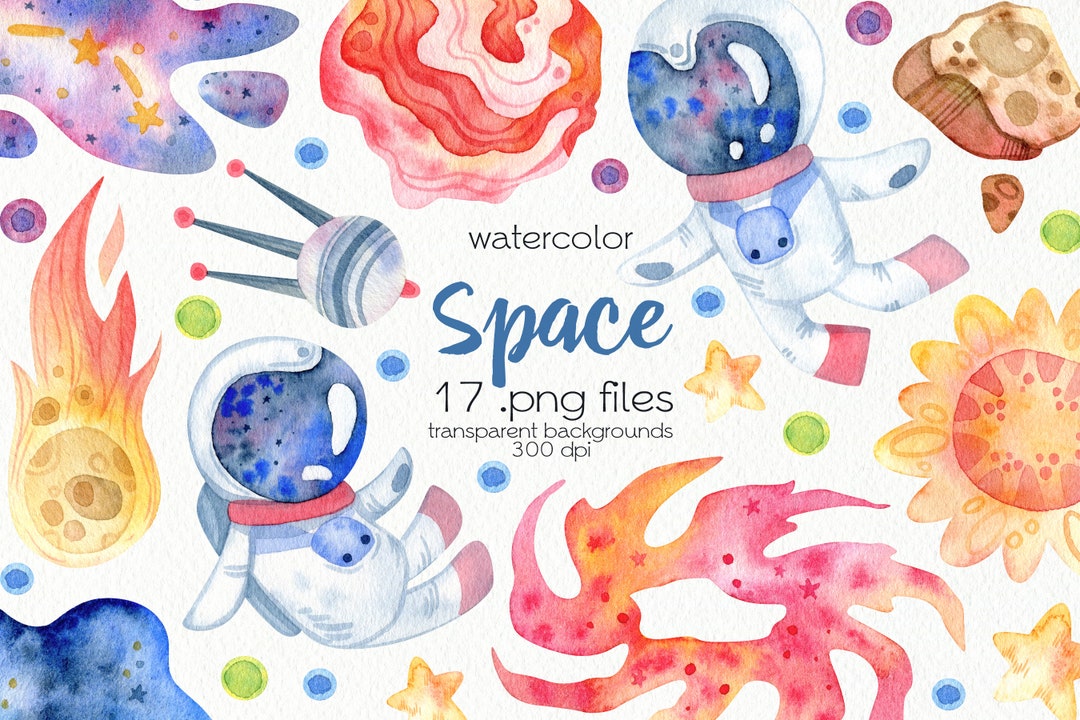 Watercolor Space Clipart / Galaxy, Astronaut, Alien, Rocket Ship ...