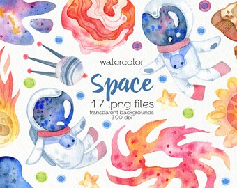 Watercolor Space Clipart / Galaxy Astronaut Alien Rocket | Etsy