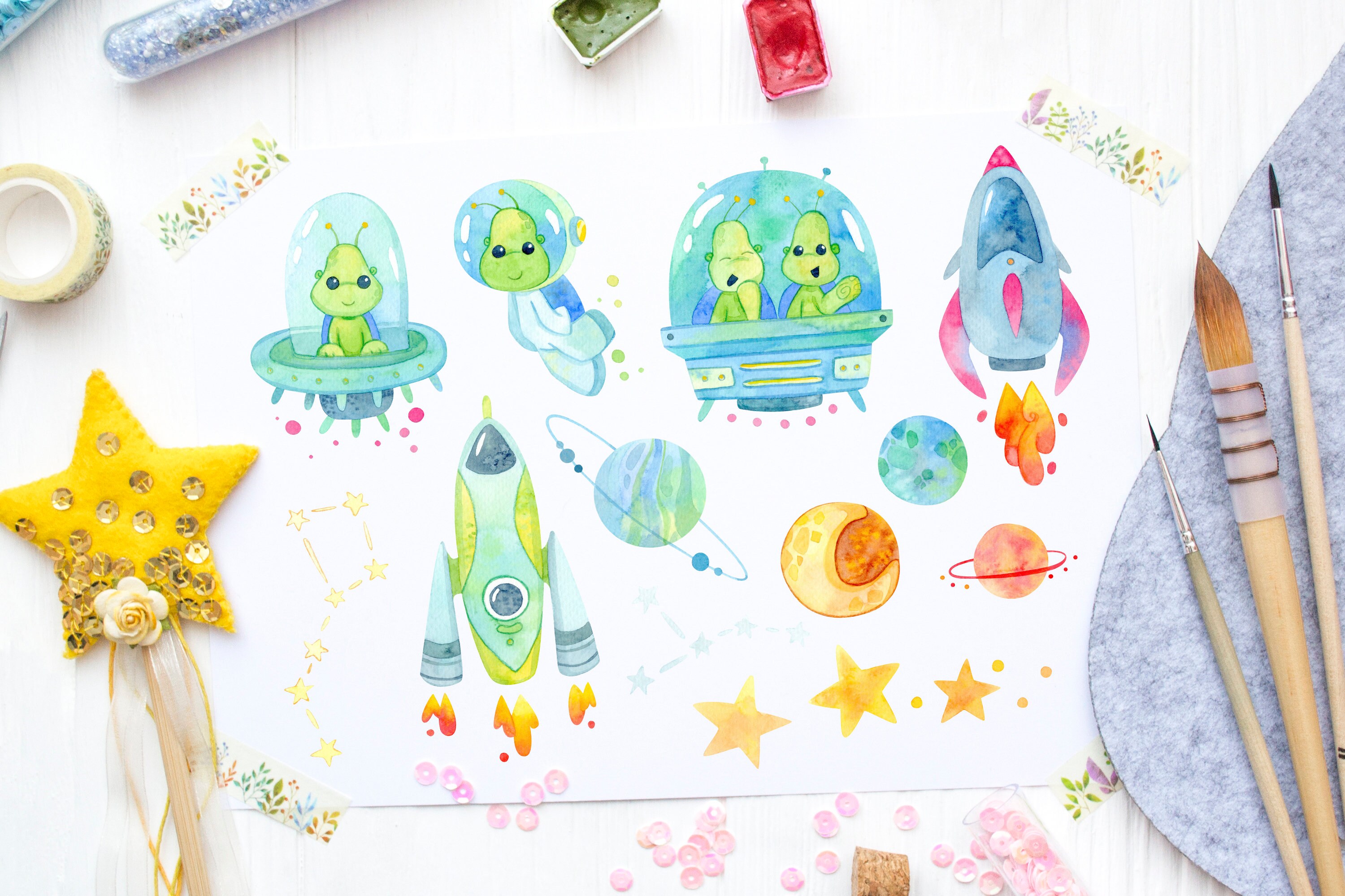 Watercolor Space Clip Art / Aliens Spaceships - Etsy
