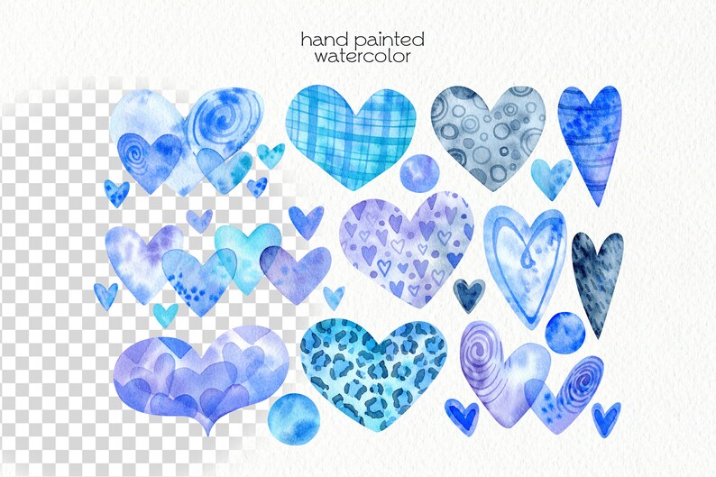Watercolor Hearts Clipart / Hand Painted Blue Hearts / - Etsy