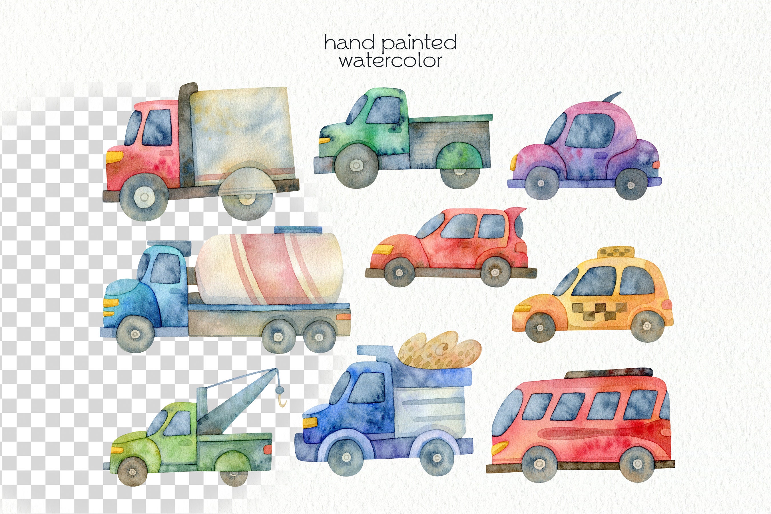 Watercolor Transport Clipart / Cartoon Cars / Nursery Art - Etsy