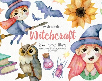 Watercolor Witchcraft Clipart / Wizard Supplies / Witchy | Etsy
