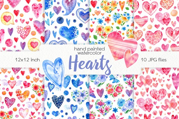 Watercolor Hearts Digital Paper / Valentine Day Scrapbook | Etsy