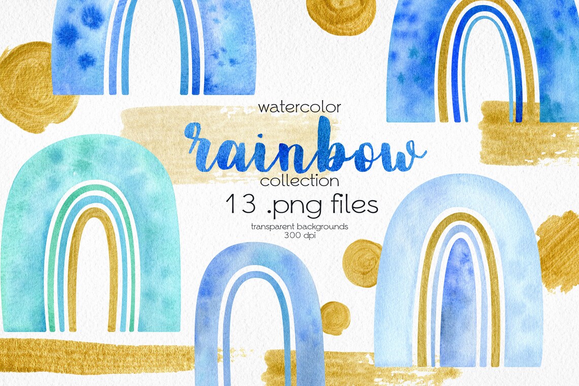 Watercolor Rainbow Clipart / Blue Rainbows / Textures / Golden - Etsy