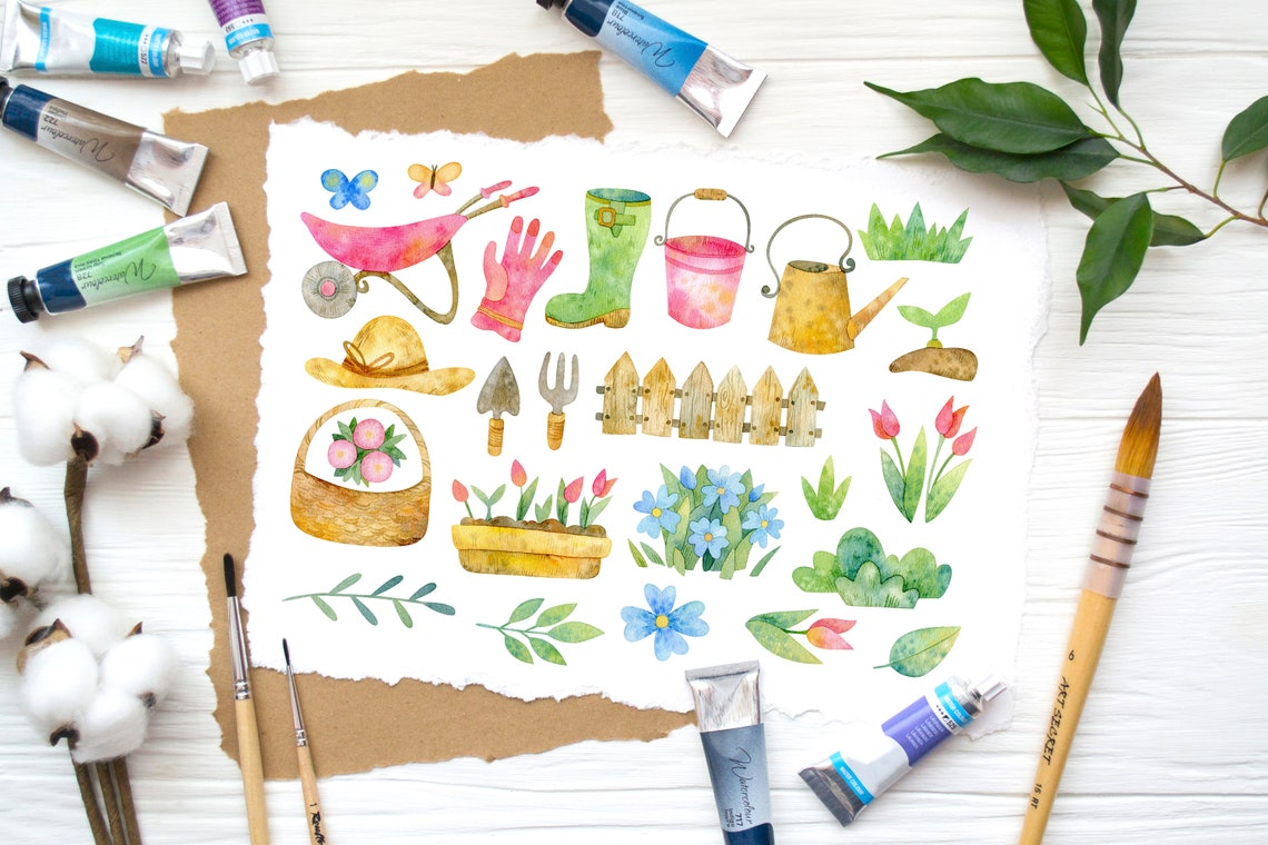 Watercolor Garden Clipart / Gardening Tools Clipart / Spring - Etsy