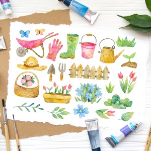 Watercolor Garden Clipart / Gardening Tools Clipart / Spring Floral ...