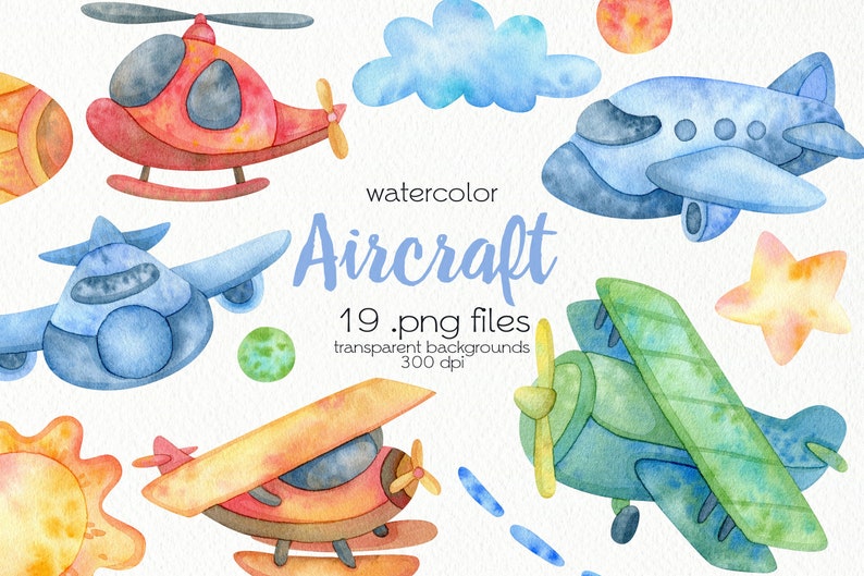 Watercolor Aviation Clipart / Cartoon Cute Air Transport / - Etsy