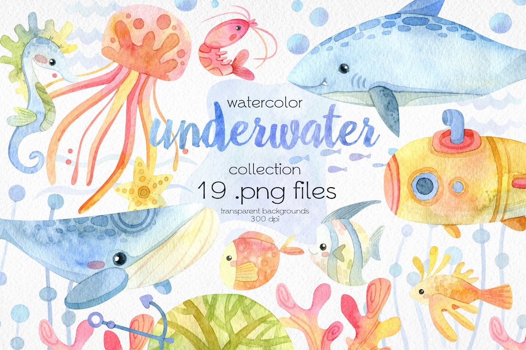 Watercolor Cute Ocean Clipart / Underwater / Shark, Whale, Shrimp ...