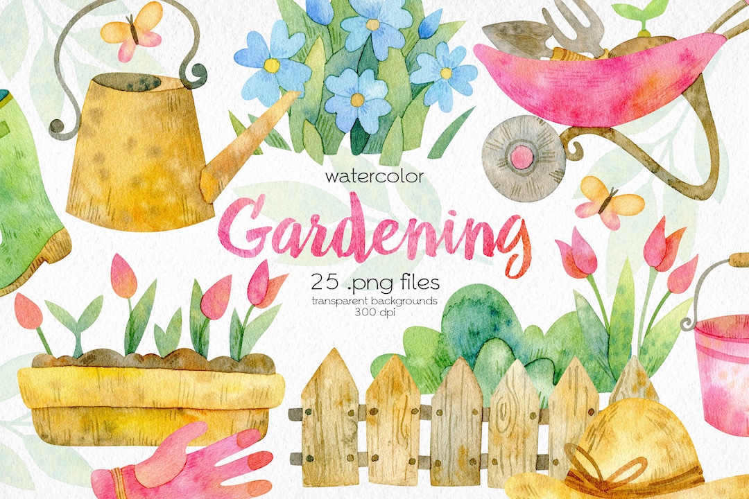 Watercolor Garden Clipart / Gardening Tools Clipart / Spring Floral ...