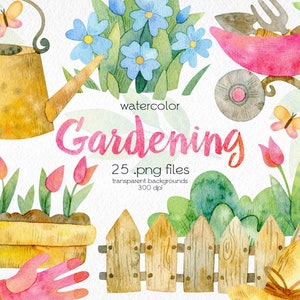 Watercolor Garden Clipart / Gardening Tools Clipart / Spring Floral ...