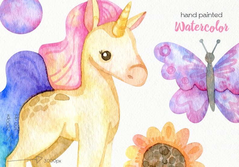 Watercolor Unicorn Clipart / Magical Rainbow / PNG Files / | Etsy