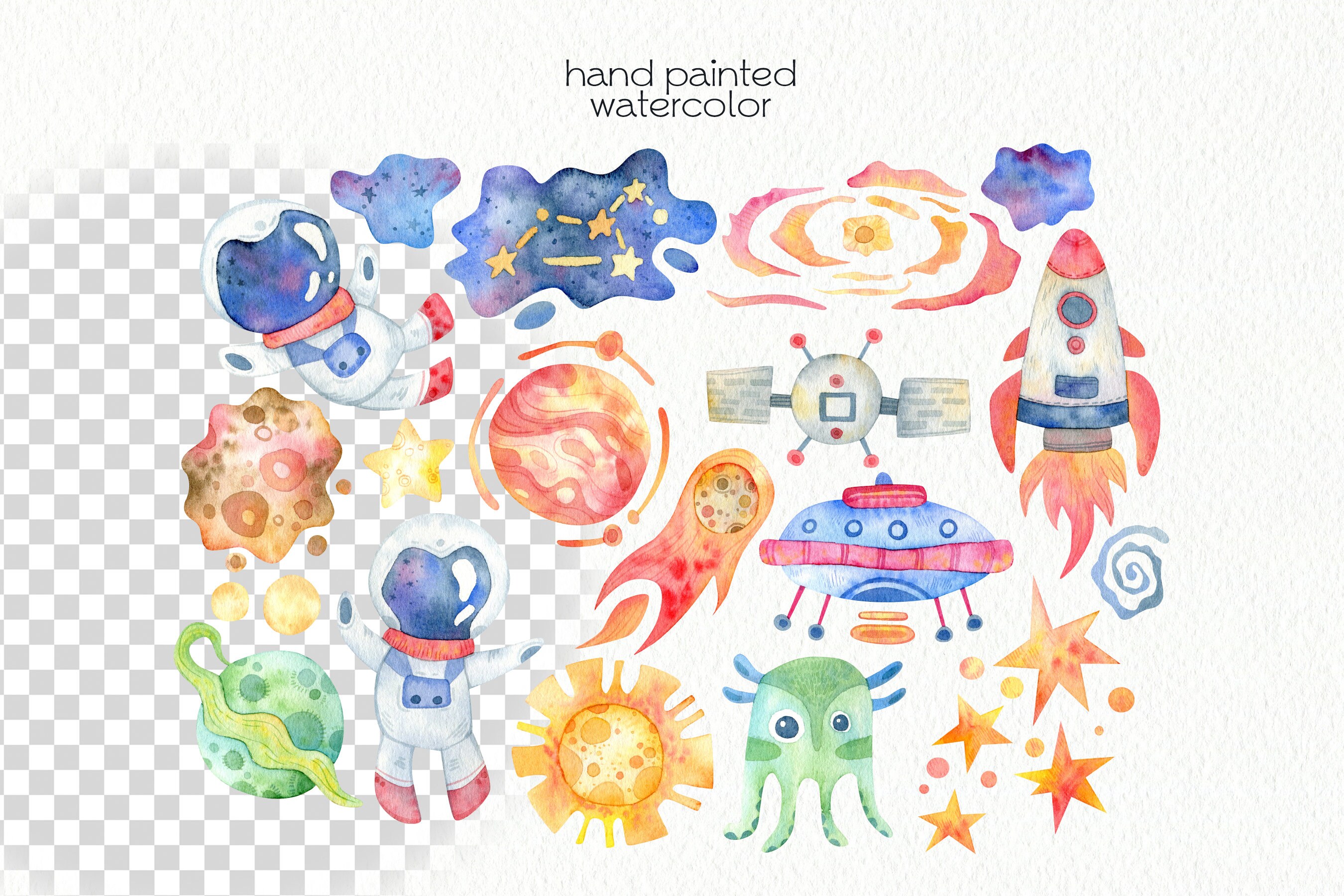 Watercolor Space Clipart / Galaxy Astronaut Alien Rocket - Etsy