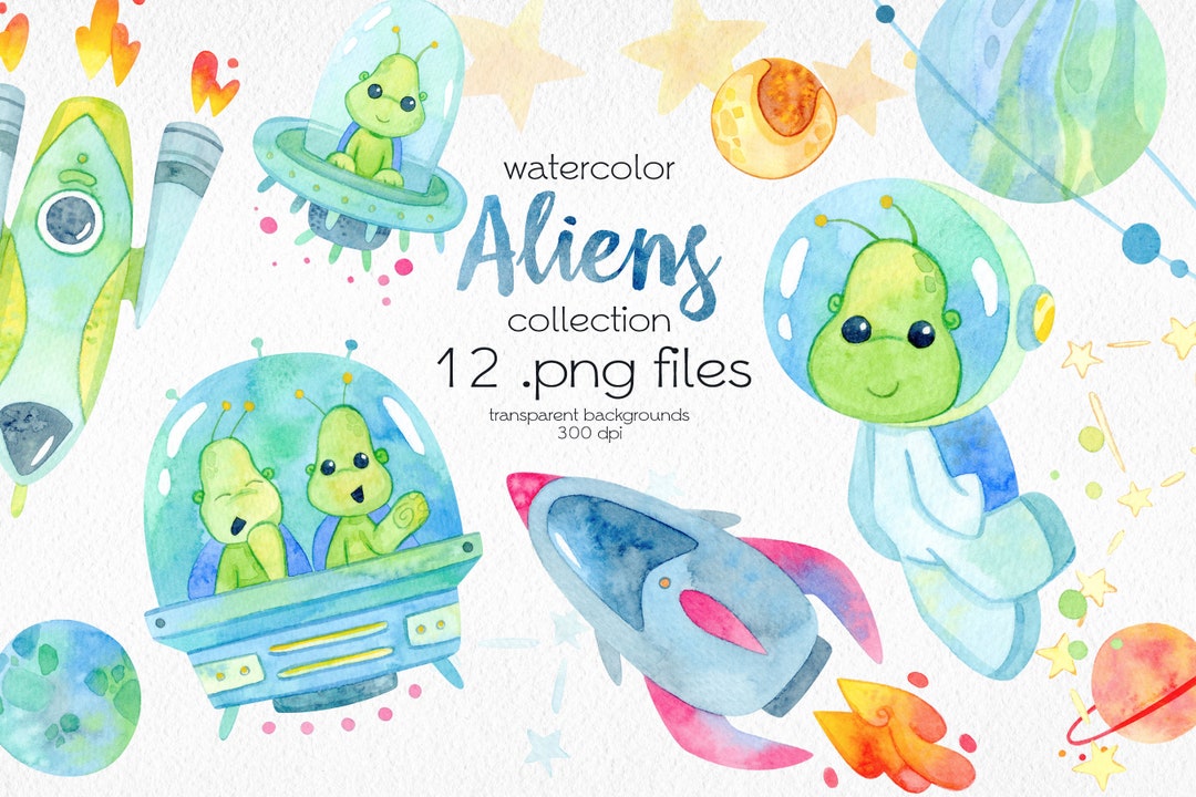 Watercolor Space Clip Art / Aliens, Spaceships, Constellations, Stars ...