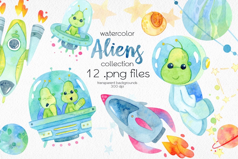 Watercolor Space Clip Art / Aliens Spaceships - Etsy