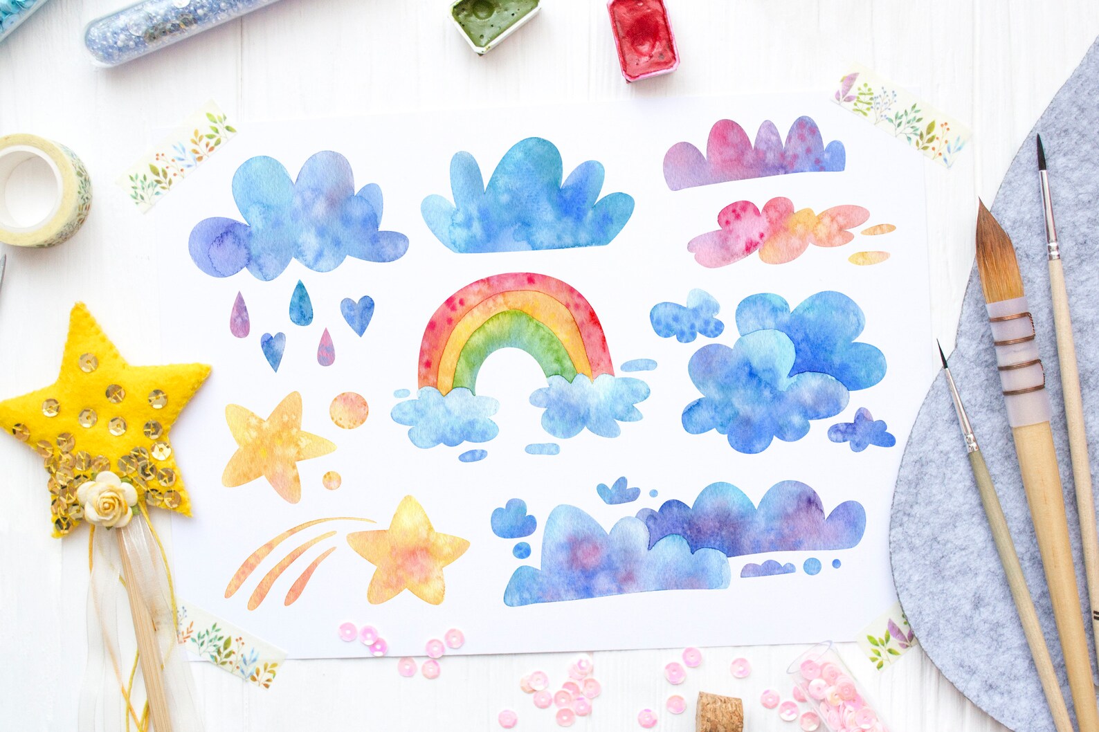 Watercolor Weather Clipart / Cute Rainbow Clouds Stars / - Etsy