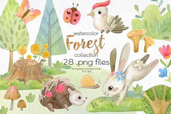 Woodland Clipart / Watercolor Forest Animals / Forest Trees / | Etsy