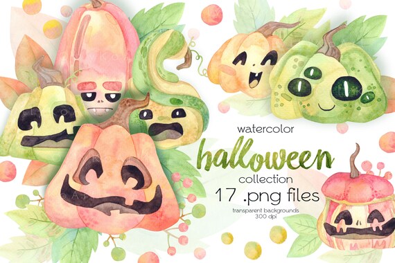 Watercolor Halloween Clipart / Cute Jack O Lantern / Fall | Etsy