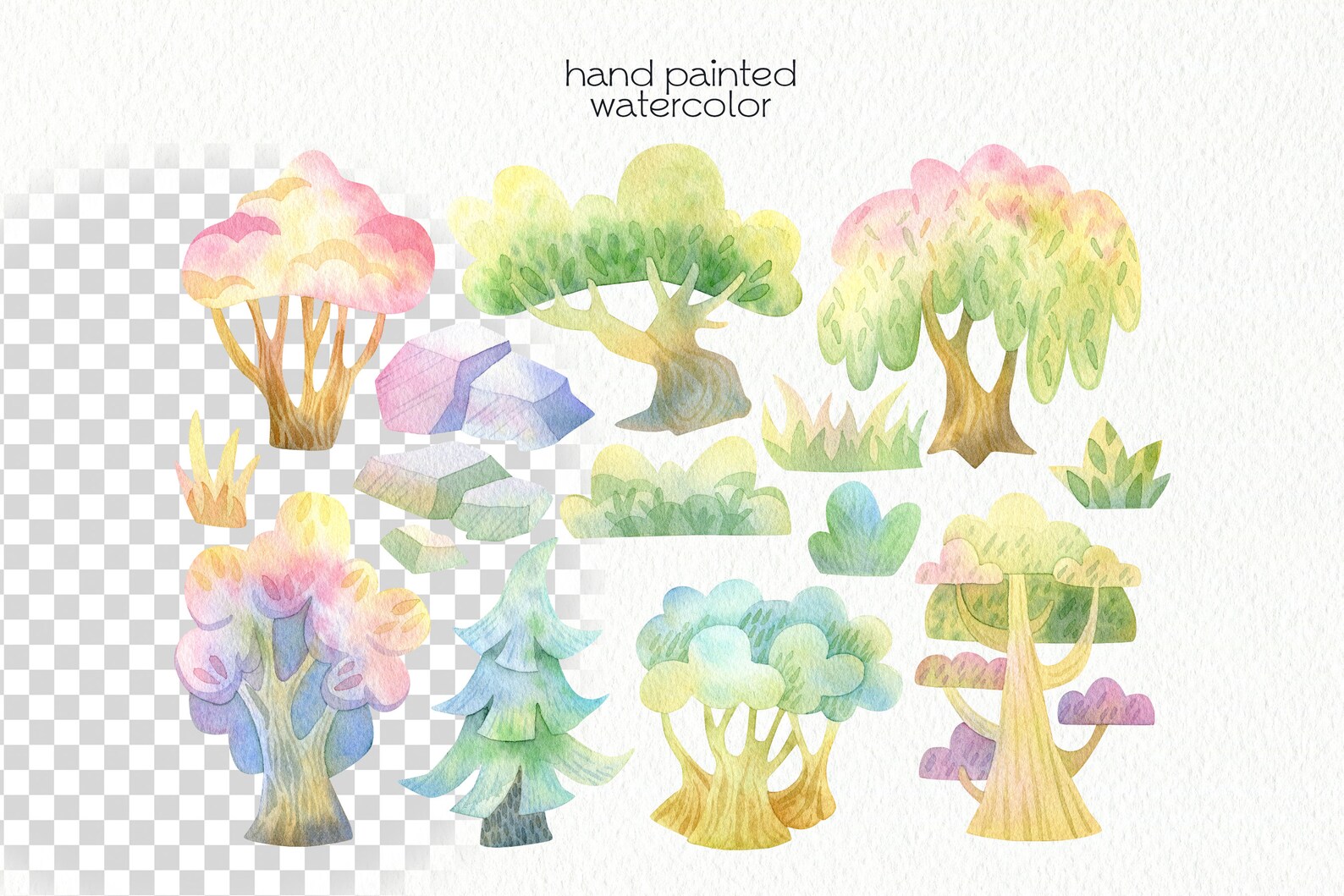 Watercolor Trees Clipart / Cartoon Forest / PNG Files / | Etsy