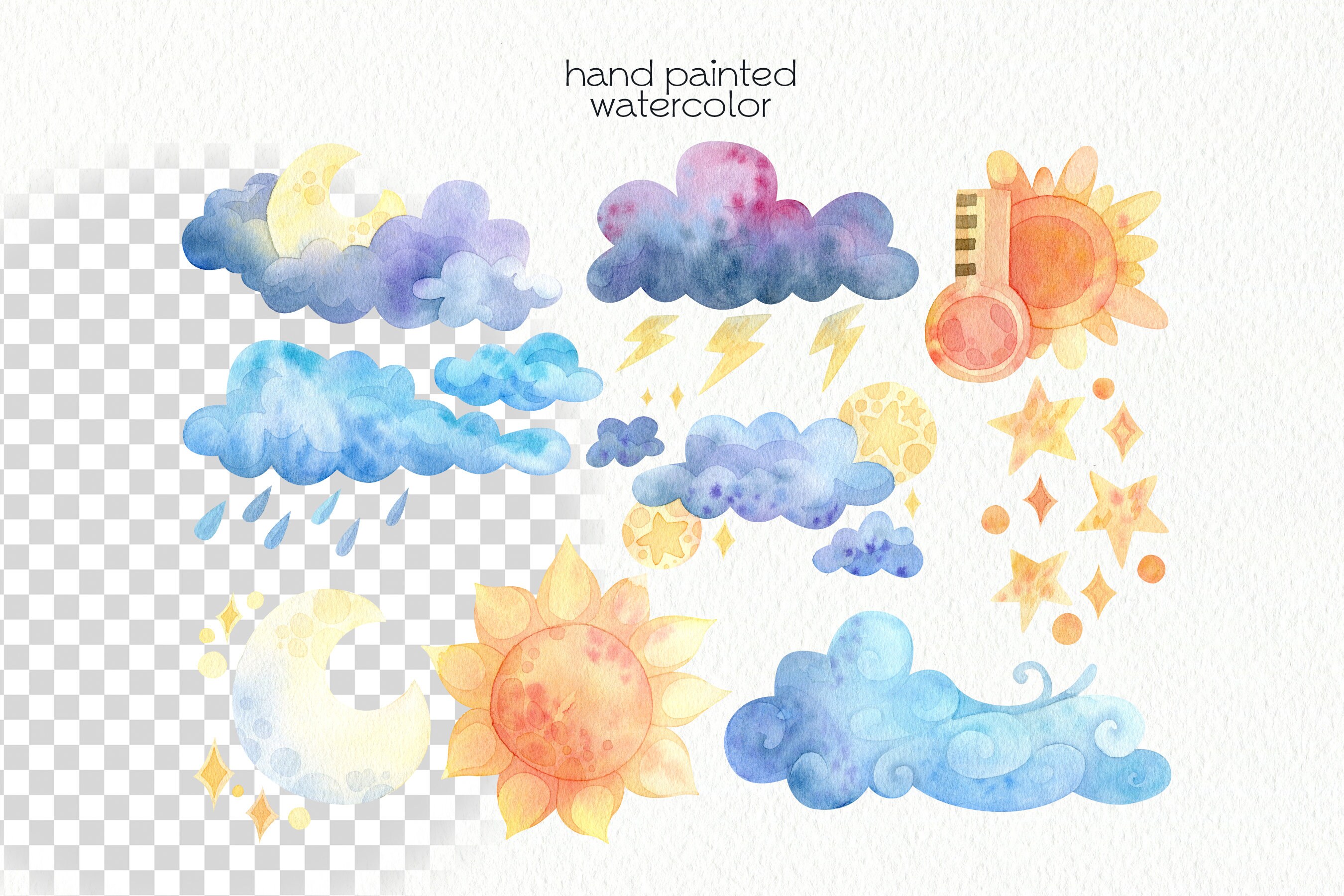 Watercolor Weather Clipart / Synoptic / Summer Weather, Sun, Clouds ...