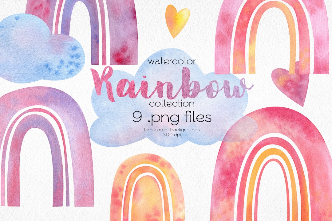 Watercolor Rainbow Clipart / Pink Rainbows, Clouds, Hearts / Printable ...