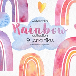 Watercolor Rainbow Clipart / Pink Rainbows, Clouds, Hearts / Printable ...
