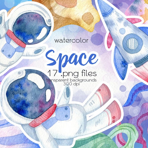 Watercolor Space Clipart / Galaxy Astronaut Alien Rocket - Etsy