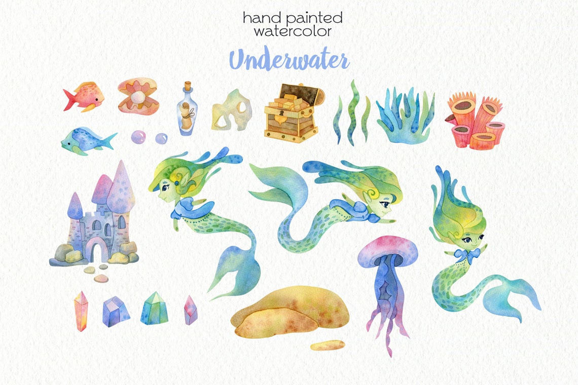 Watercolor Sea Life / Under the Water Clipart / Ocean Cute Mermaids ...