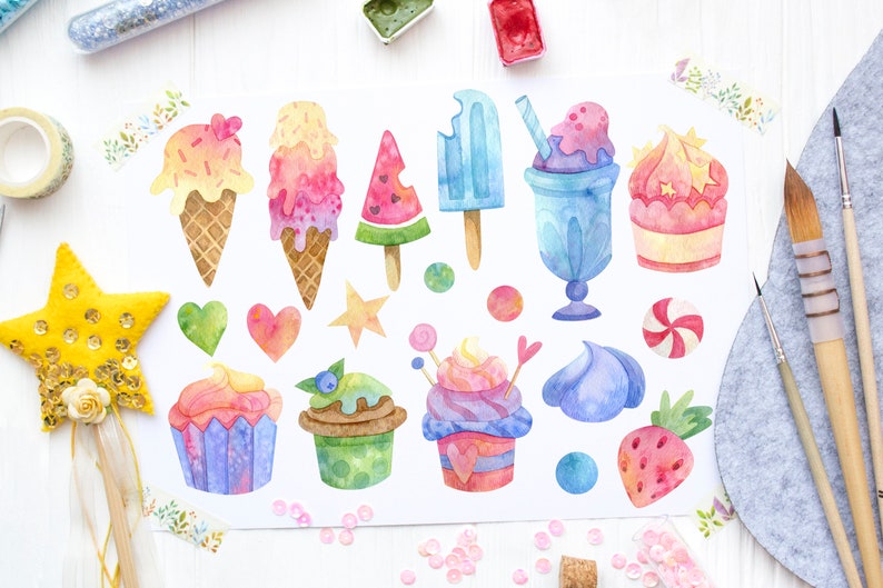 Watercolor Ice Cream and Cupcakes Clipart / Summer Sweet Food | Etsy
