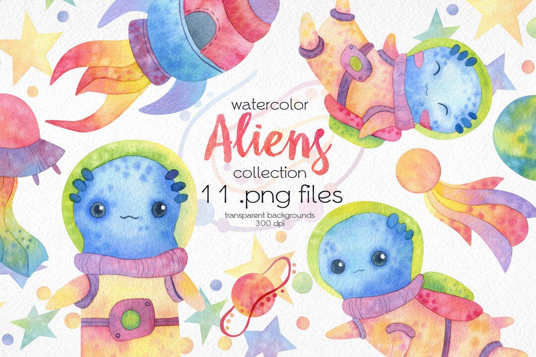 Cute Alien in Space / Watercolor Clip Art / Planets, Stars, Aliens ...