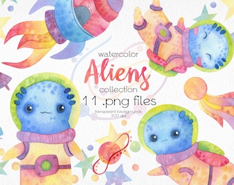 Space Watercolor Clip Art / Planets Stars Sun Aliens | Etsy