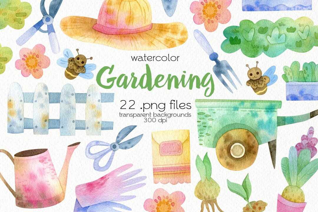 Watercolor Garden Clipart / Gardening Tools Clipart / Spring Floral ...