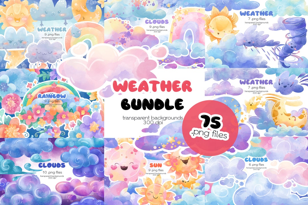 Weather Clipart Bundle / Clouds, Sun, Moon, Rainbow, Stars / PNG Files ...
