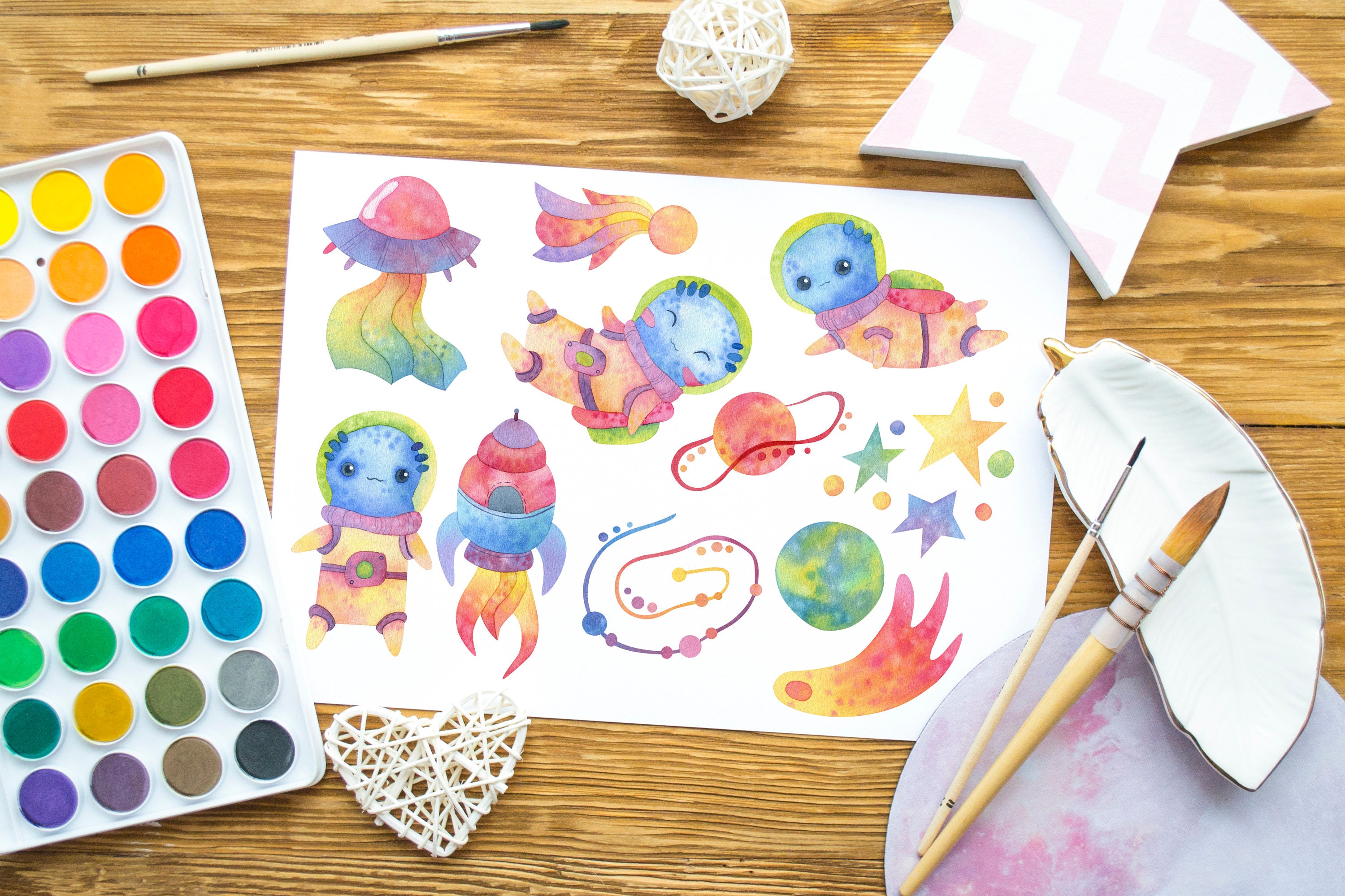 Cute Alien in Space / Watercolor Clip Art / Planets, Stars, Aliens ...