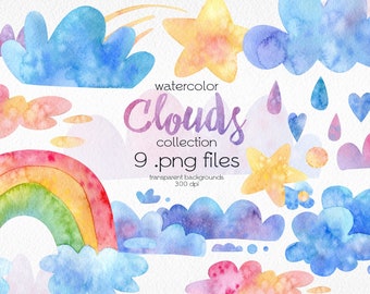 Watercolor Weather Clipart / Cute Rainbow Clouds Stars / - Etsy