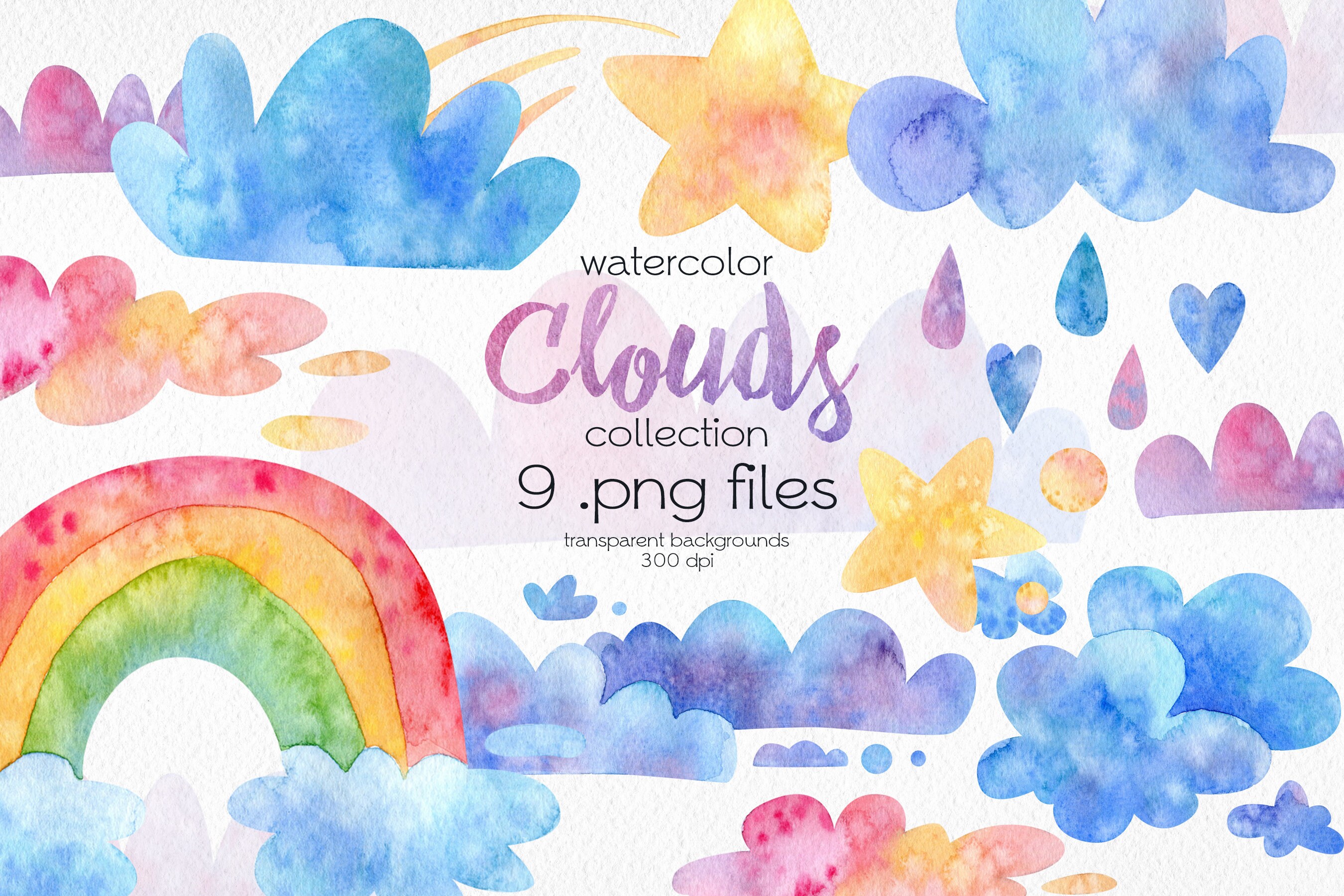Watercolor Weather Clipart / Cute Rainbow, Clouds, Stars / Digital PNG ...
