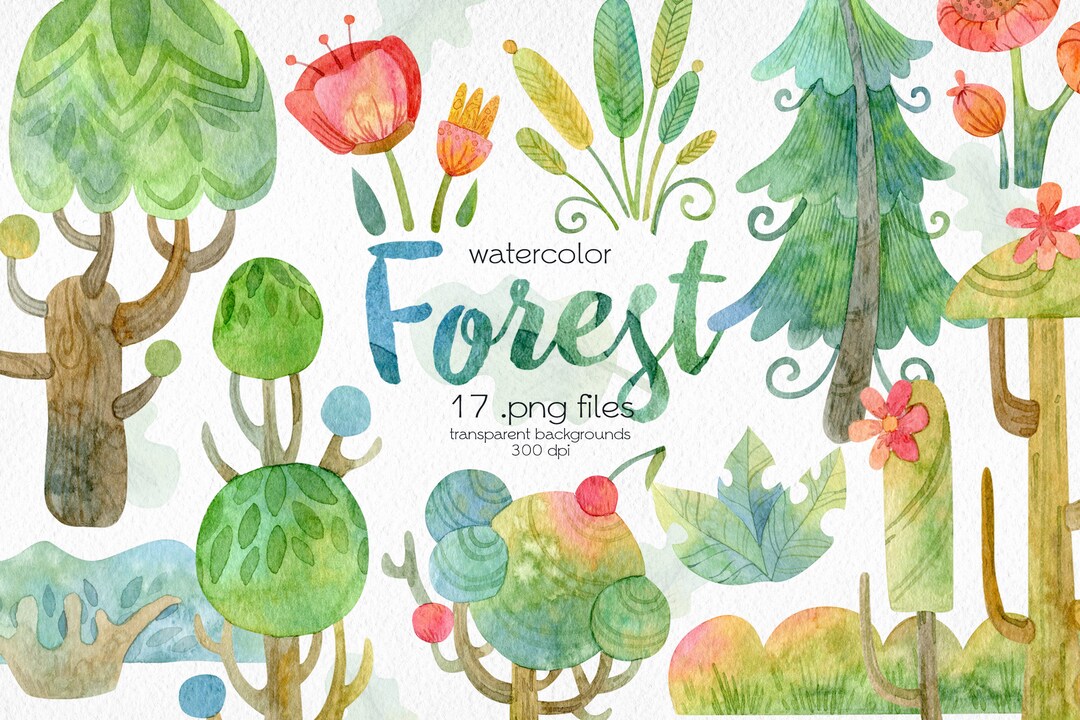 Watercolor Trees Clipart / Hand Painted Forest Elements / Fairytale ...