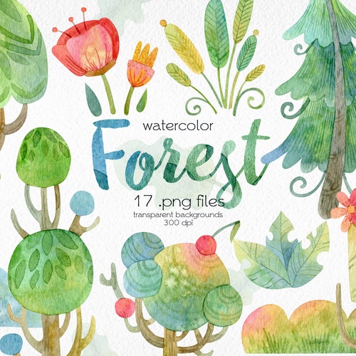 Watercolor Trees Clipart / Hand Painted Forest Elements / - Etsy