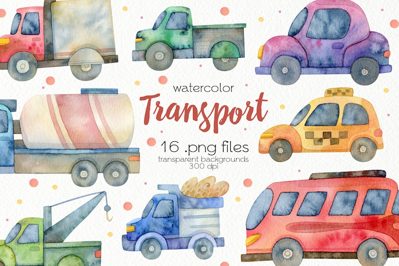 Watercolor Transport Clipart / Cartoon Cars / Nursery Art - Etsy