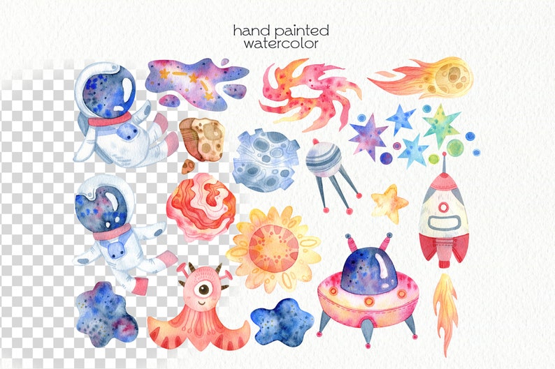 Watercolor Space Clipart / Galaxy Astronaut Alien Rocket - Etsy